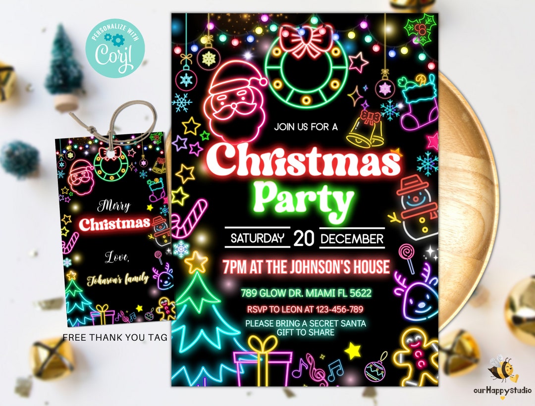 Editable Neon Christmas Party Invitation, Glow Christmas Party Invite ...