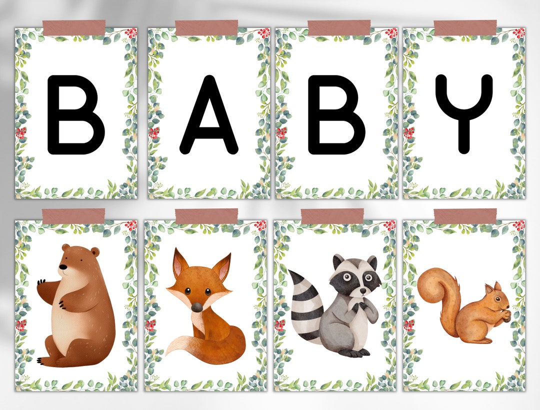 Editable Woodland Baby Shower Banner, Woodland Animals Banner Greenery ...