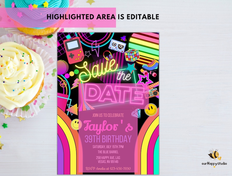 Editable Save the Date 80s Birthday Party Invitation Back to 80s Neon ...