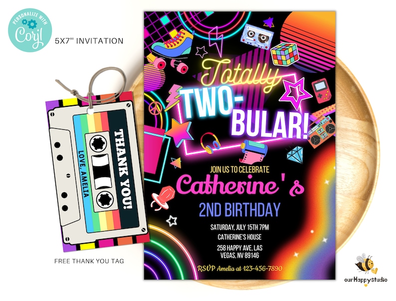 Editable Totally TWO-BULAR Birthday Party Invitation Back to the 80s ...
