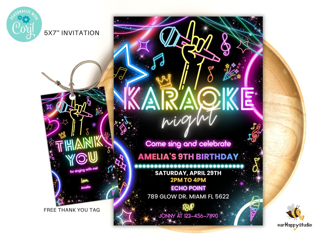 Editable Karaoke Night Birthday Invitation, Glow Karaoke Birthday Party ...