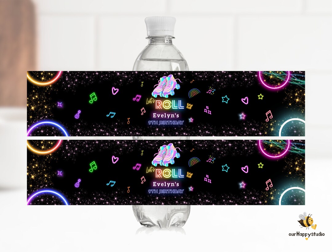 Editable Roller Skating Water Bottle Label, Birthday Water Bottle ...