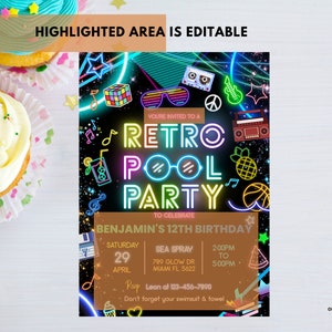 Editable Retro Pool Party Invitation, 80s Water Park Invite, Tropical ...