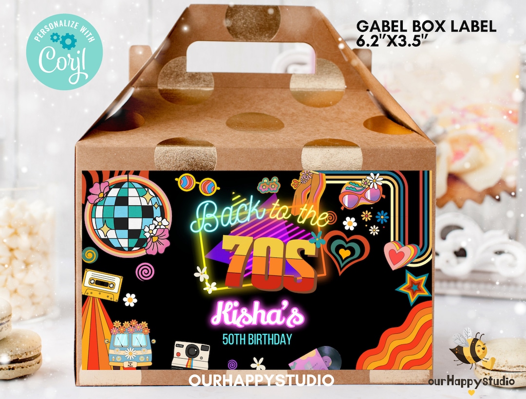 Editable Back to 70S Gable Box Labels Retro Groovy Dance Party Lunch ...