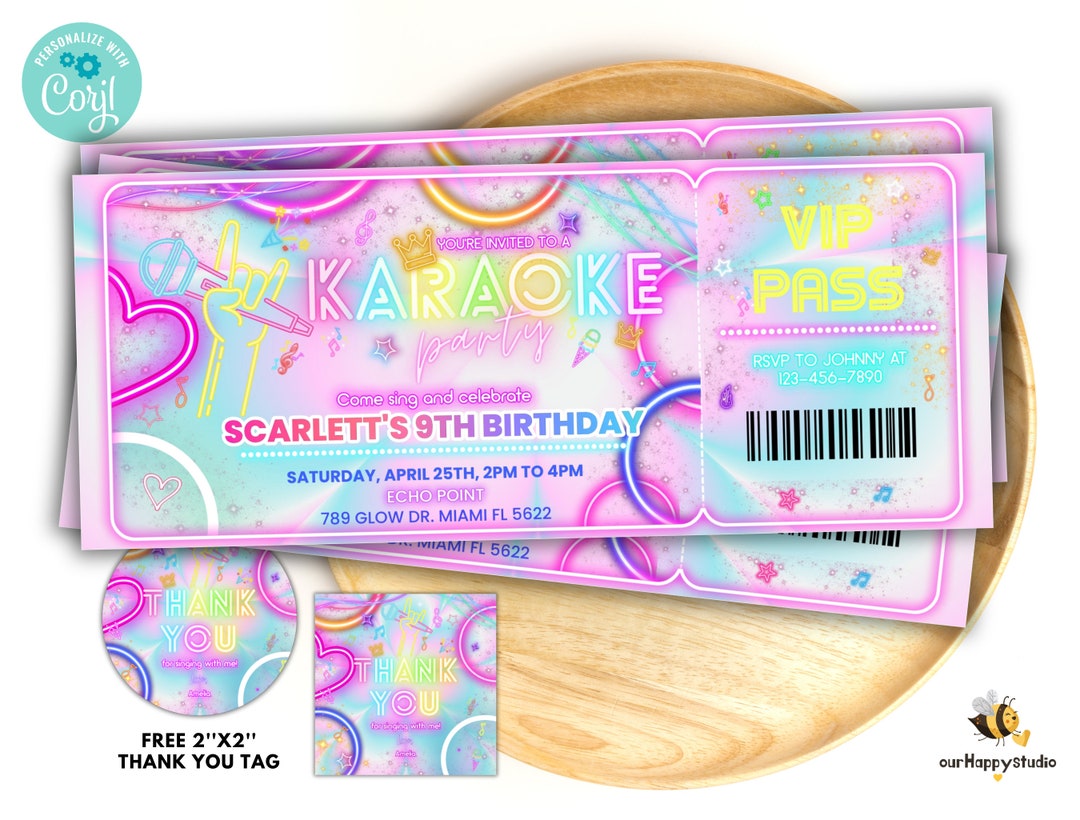 Editable Karaoke Party Birthday Invitation Tickets, Glow Karaoke ...