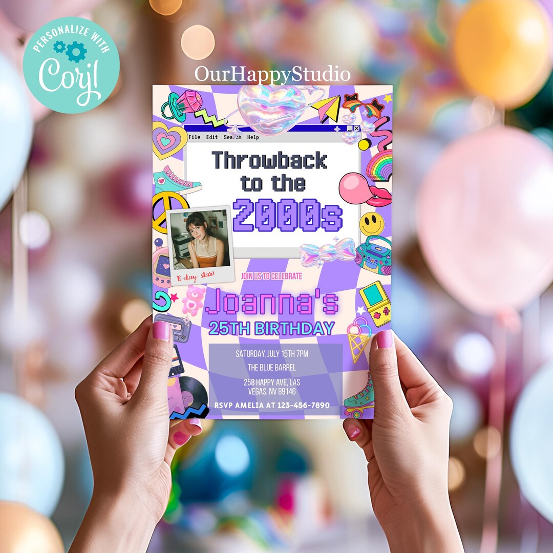 Y2K Birthday Invitation With Photo, Editable 2000s Party Invite Corjl ...