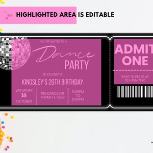 Editable Minimalist Dance Party Birthday Invitation Ticket, Disco ...