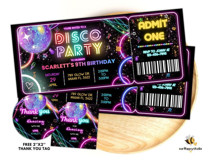 Editable Disco Party Birthday Invitation Ticket, Disco Gender Neutral ...