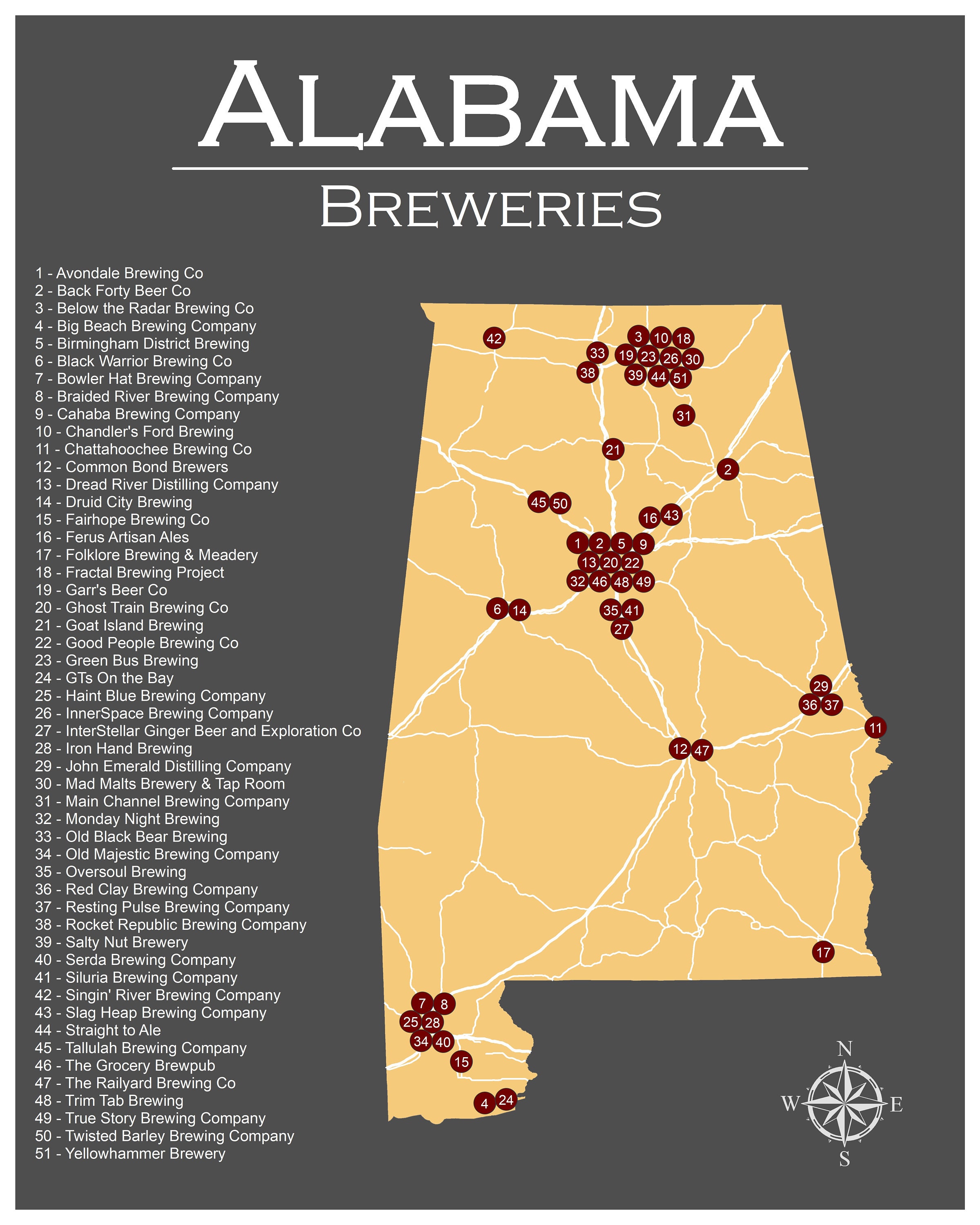 Alabama Breweries Poster 16x20 Map Art Print | Etsy