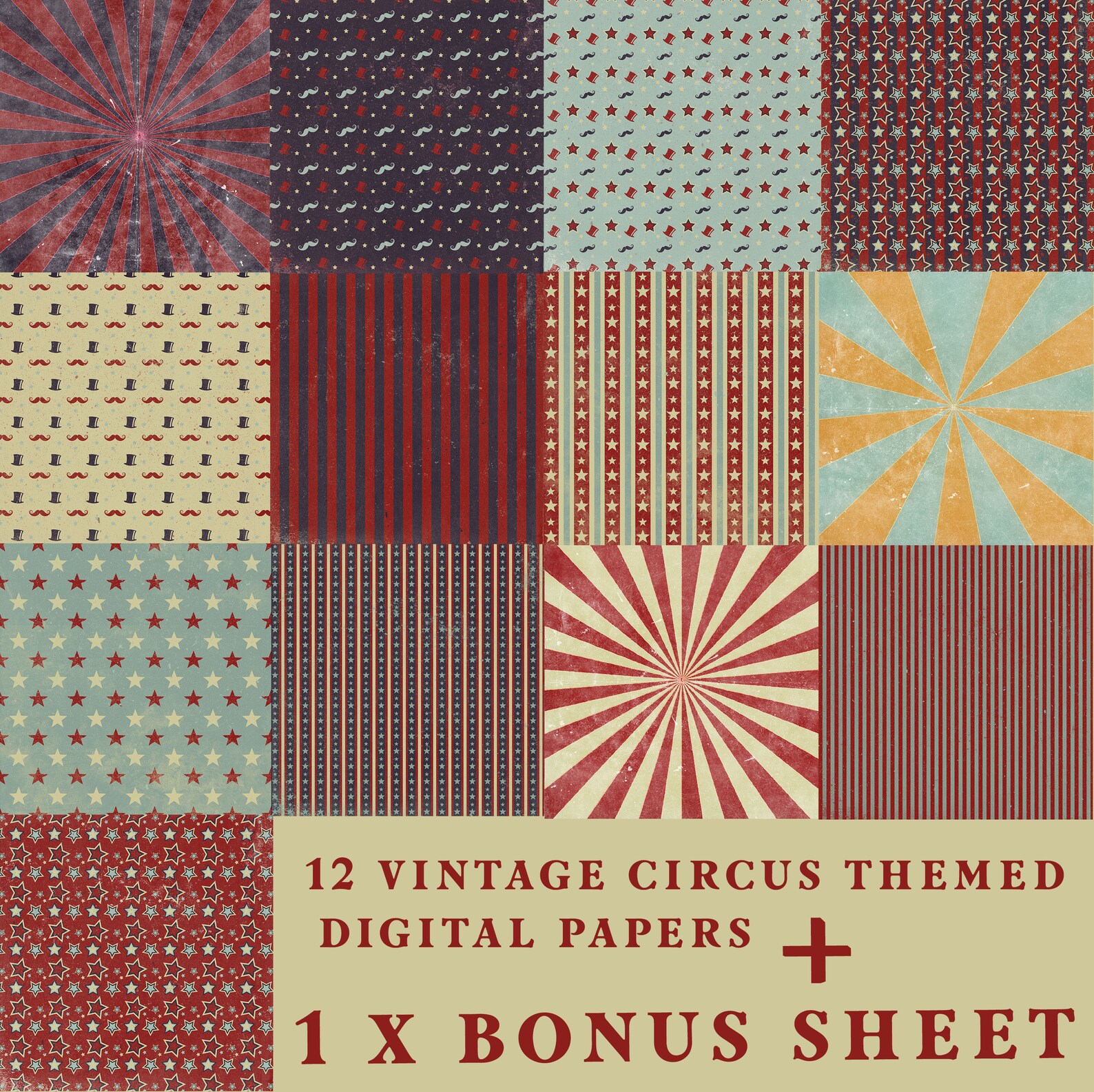 13 Vintage Circus Themed 12 X 12 3600 X 3600px Grunge Retro Digital ...