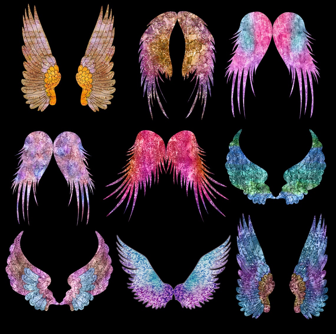 9 X Glittering Magical Angel Wings Clipart Images 300dpi JPG and PNG ...