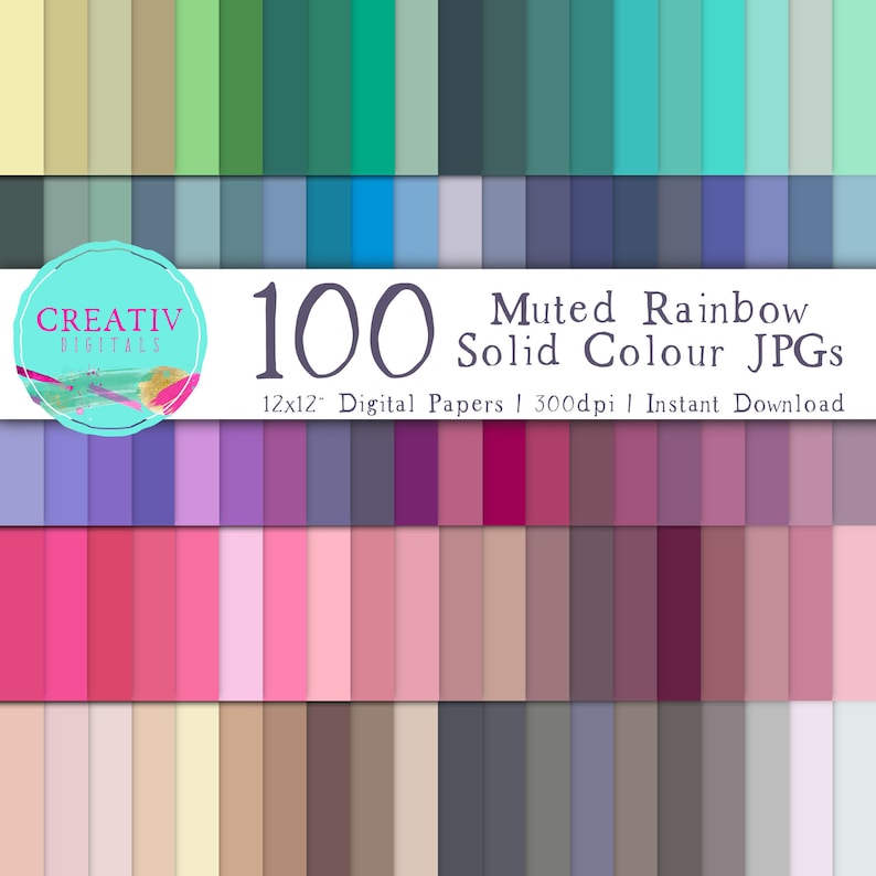 100 Solid Color Digital Paper Muted Rainbow Color Digital Scrapbooking ...