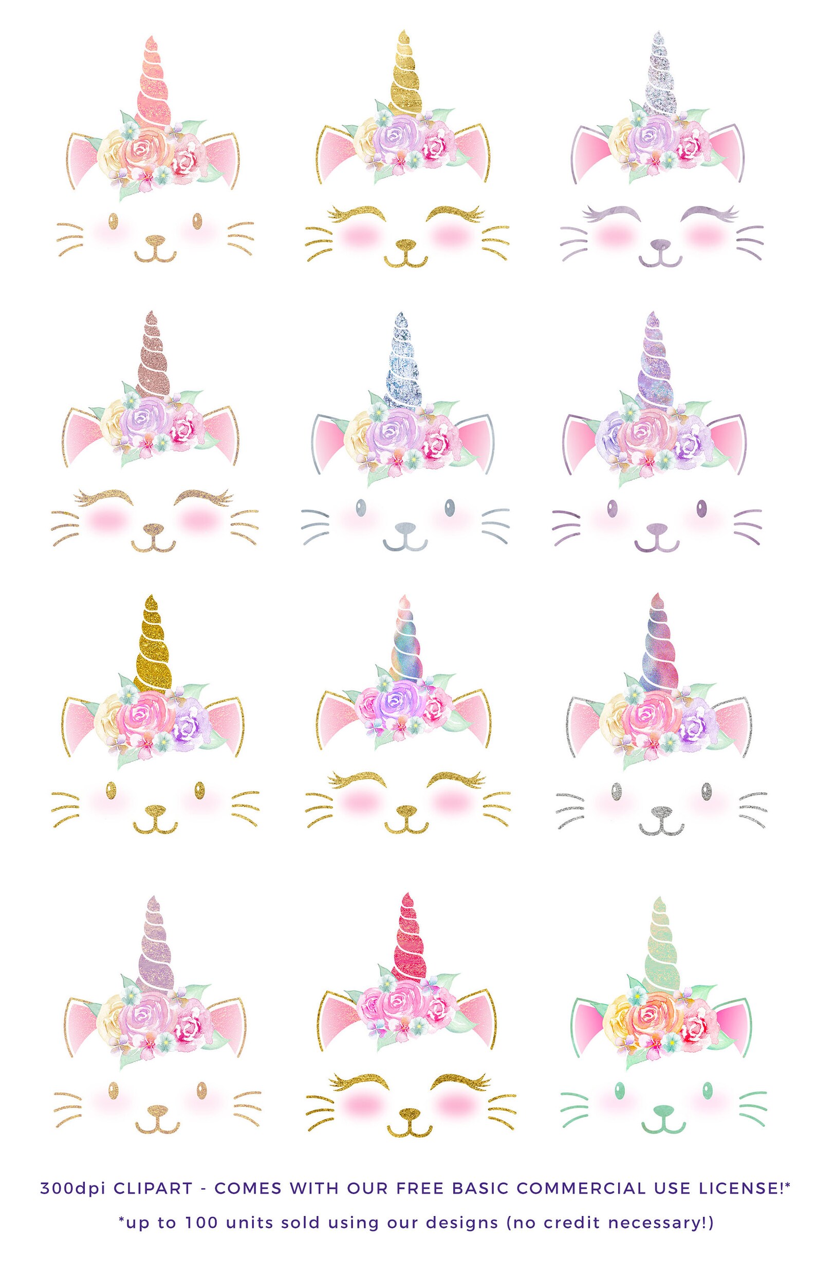 Caticorn Watercolor Magical Kittycorn Face Clip Art & DIY Images 300dpi ...