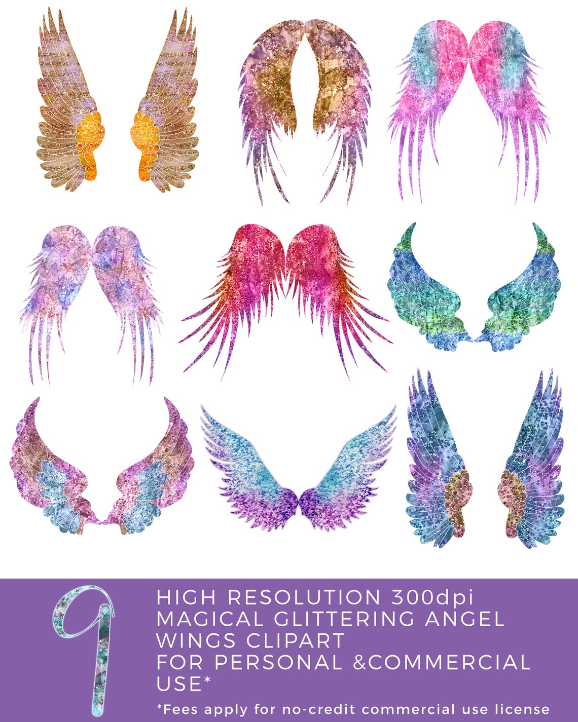 9 X Glittering Magical Angel Wings Clipart Images 300dpi JPG and PNG ...