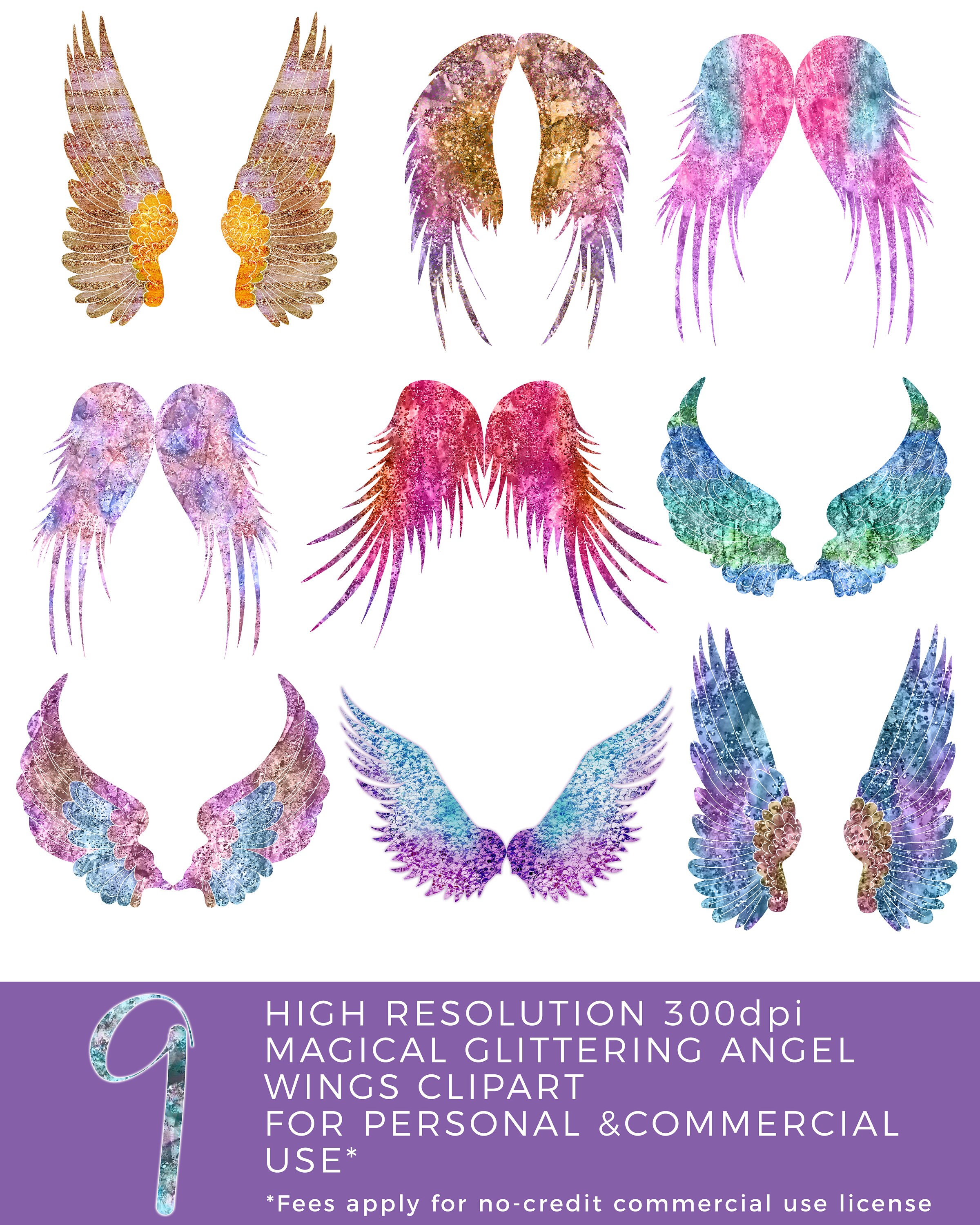 9 X Glittering Magical Angel Wings Clipart Images 300dpi JPG and PNG ...
