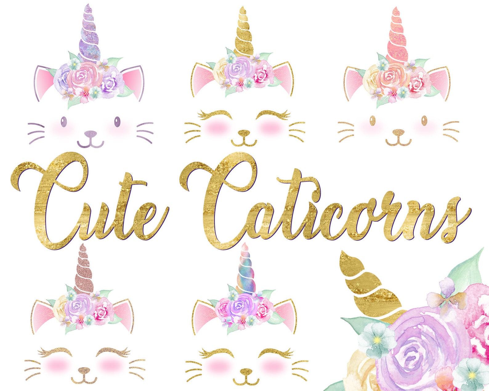 Caticorn Watercolor Magical Kittycorn Face Clip Art & DIY Images 300dpi ...