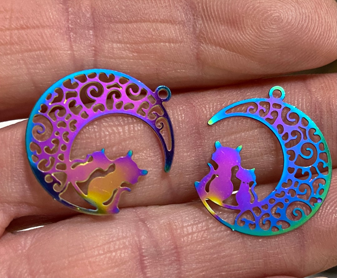 SALE 4 Rainbow Etched Moon & Cats Pendant Earring Component - Etsy