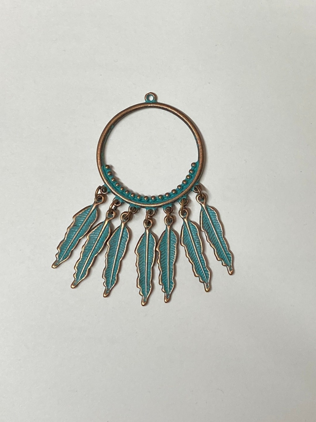 2 Antique Copper Patina Circle With 7 Feathers Pendant Earring ...