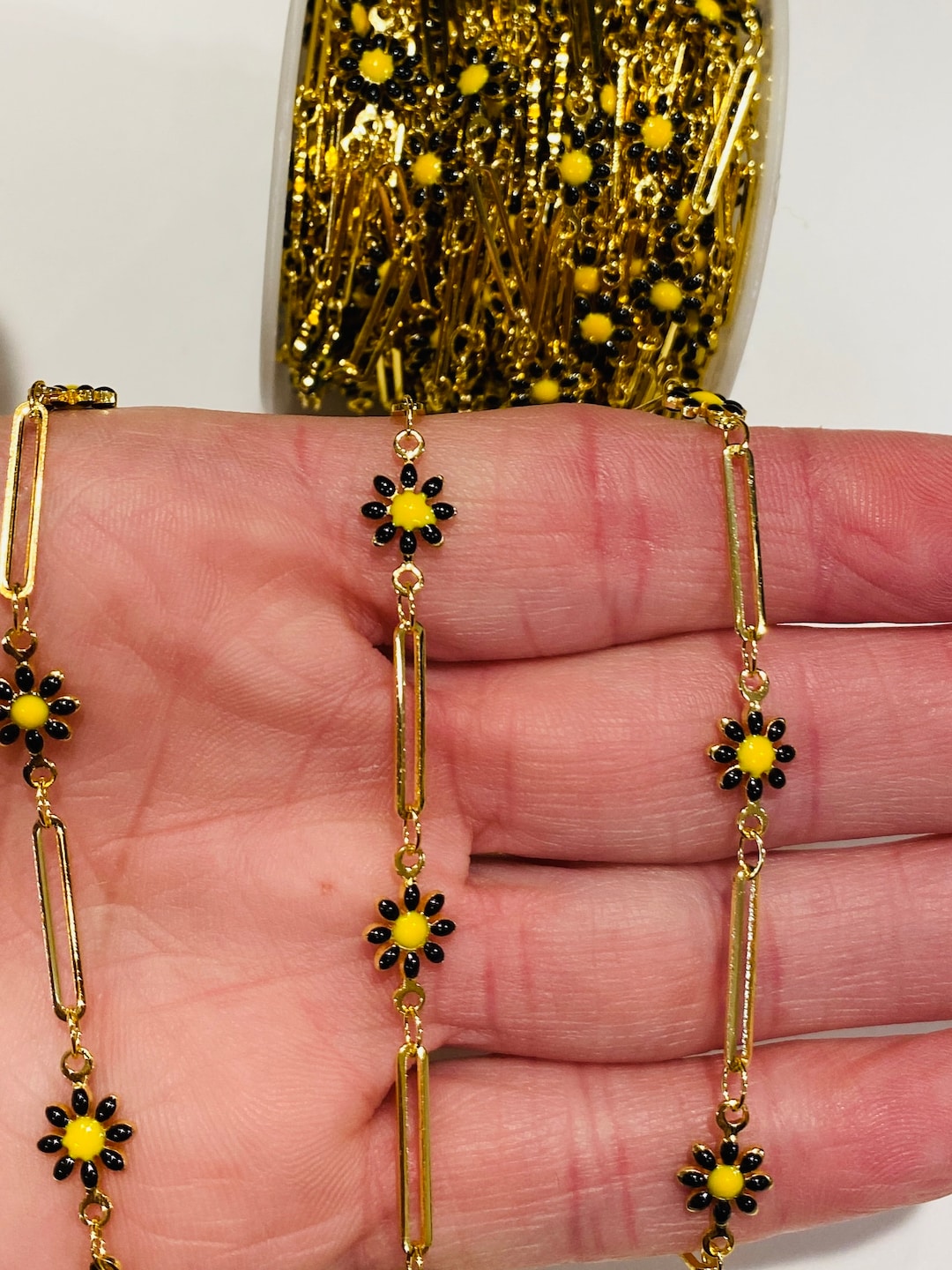 Daisy Flower Enamel Double Sided Paperclip Gold Plated Chain by the ...