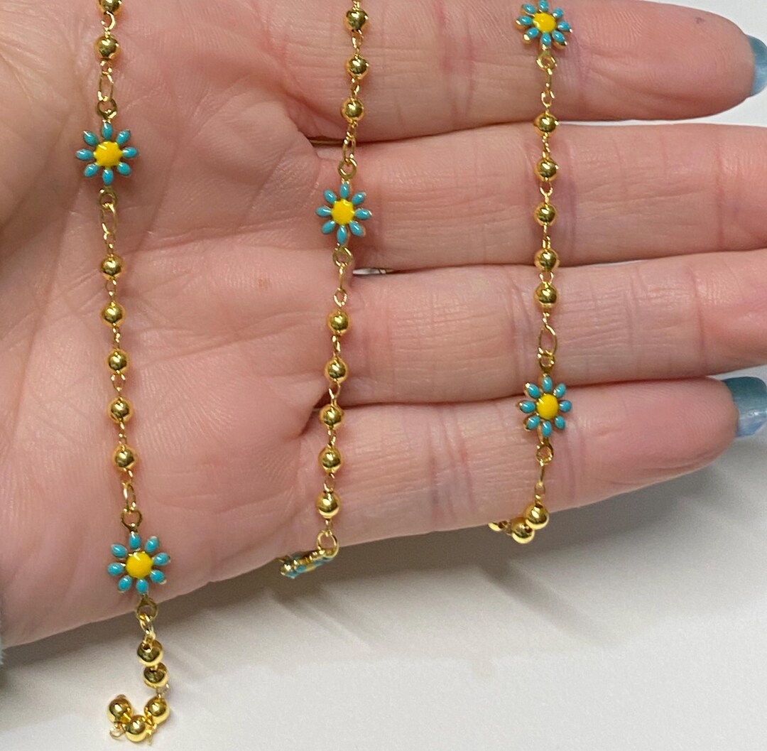 Gold Turquoise Double Sided Daisy Enamel and Bead Chain by the Foot ...