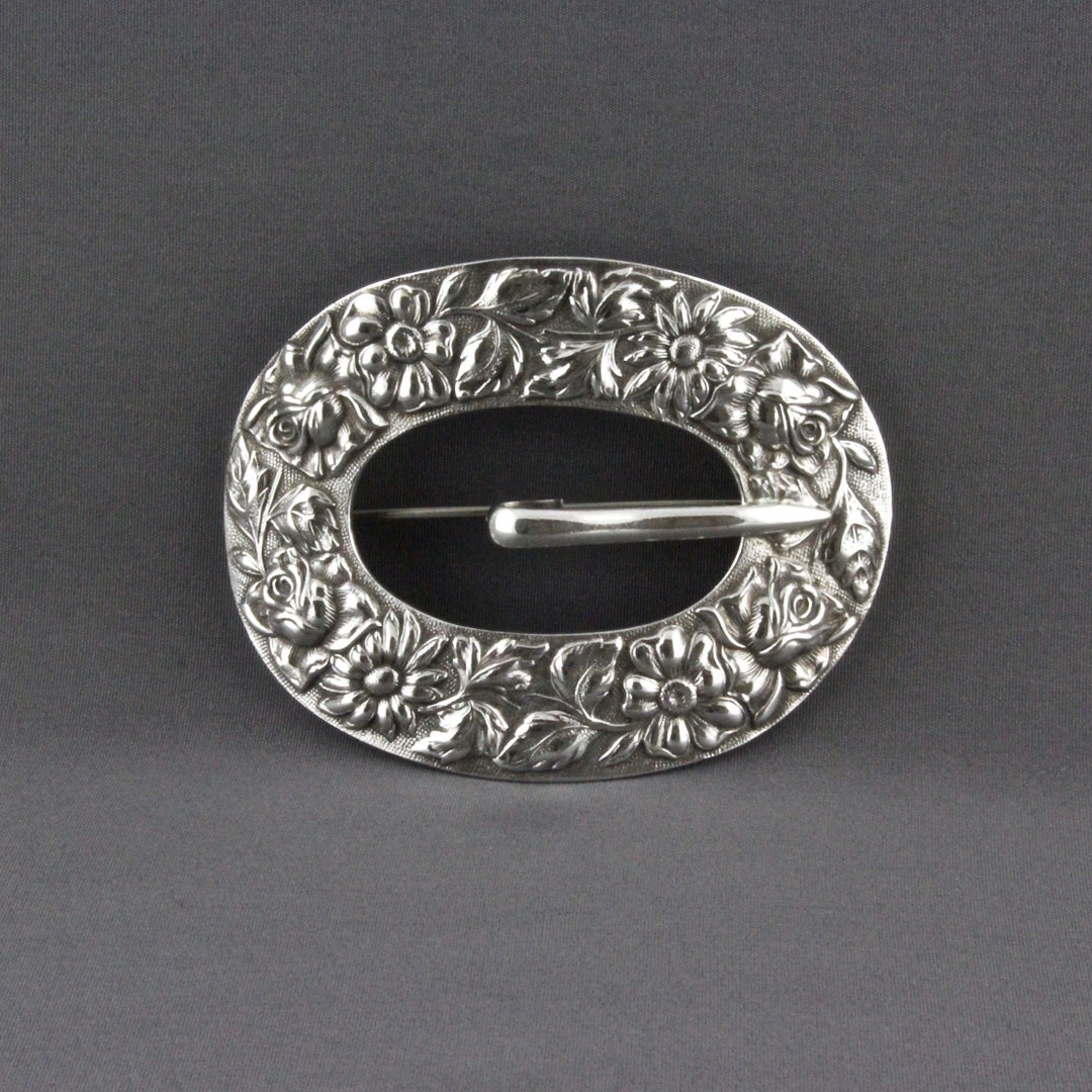 Vintage Stieff Sterling Silver Repousse Rose Pattern Sash Buckle Brooch ...