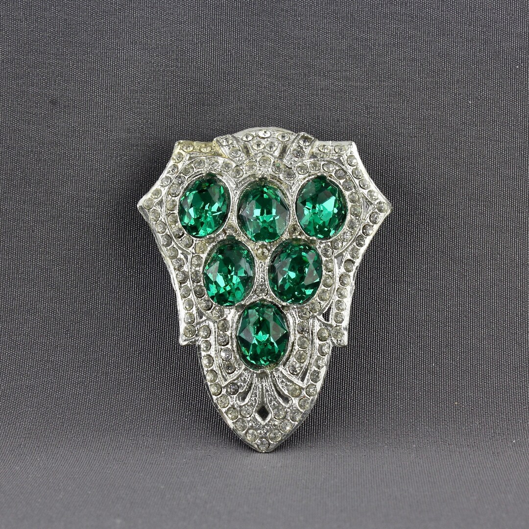 Vintage Art Deco Shield Shaped Large Oval Green Rhinestone and Clear ...