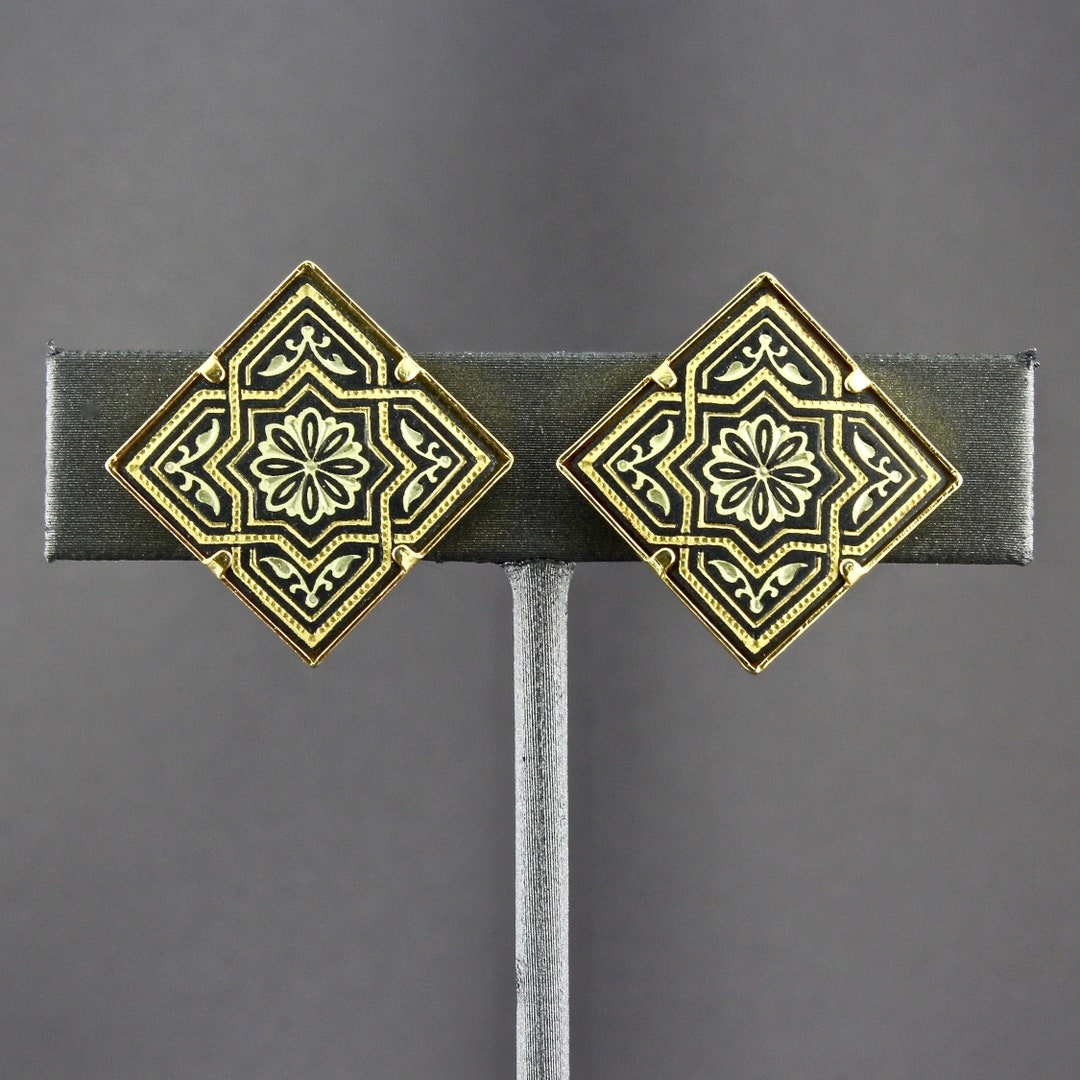 Vintage Spanish Damascene Diamond Shaped Flower and Geometric Pattern ...