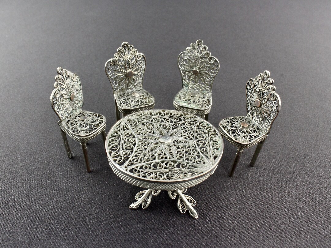 Vintage Silver Filigree Miniature Doll House Round Dining Table and ...
