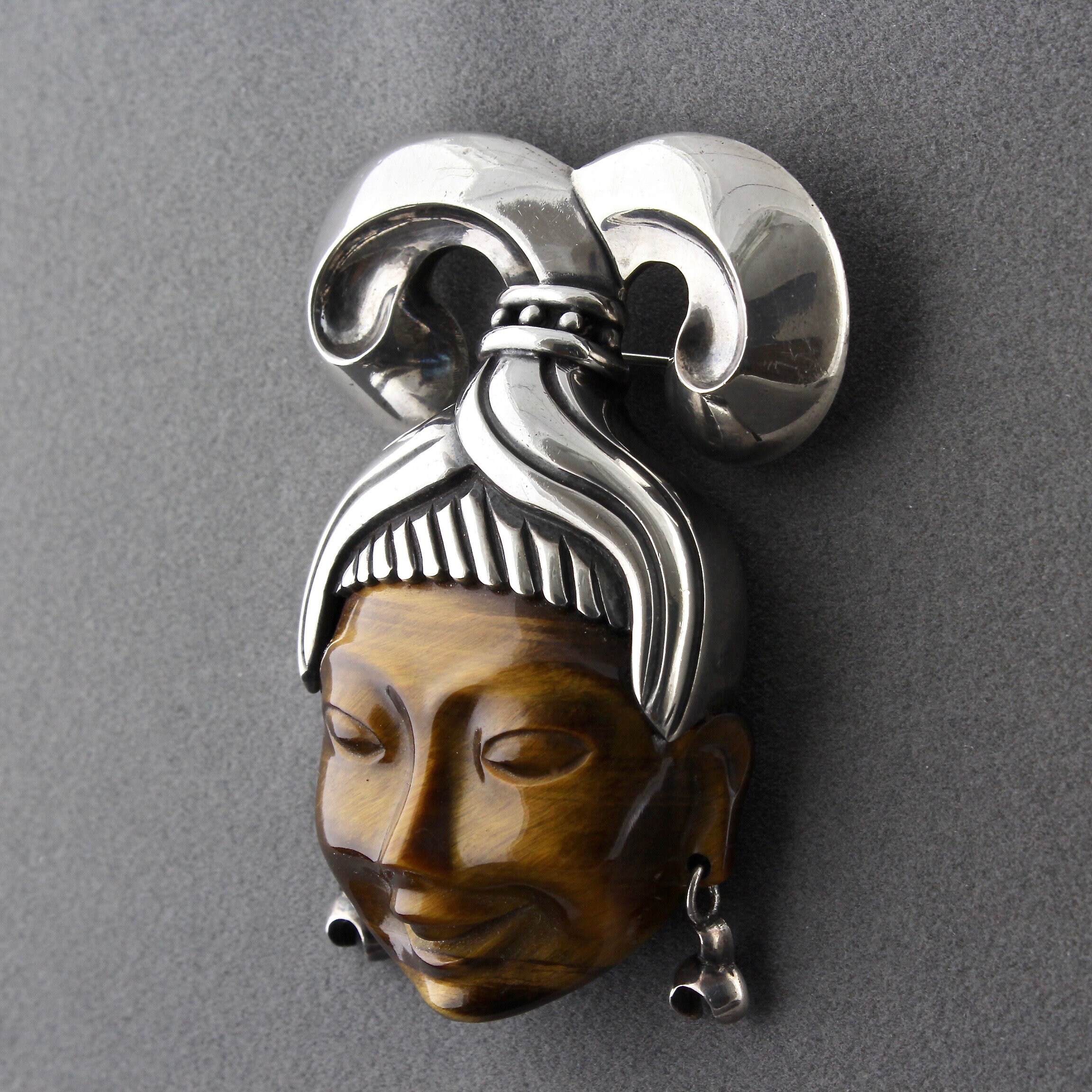 Vintage Felipe Martinez Sterling Silver Tiger Eye Face Mask Brooch Pin ...