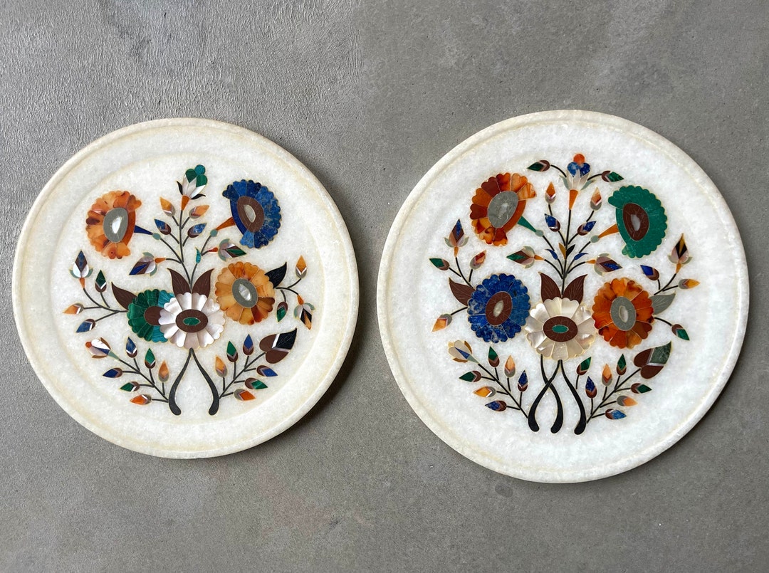 Set Plates Decorative Plate Marble India Vintage Semi-precious Stones ...