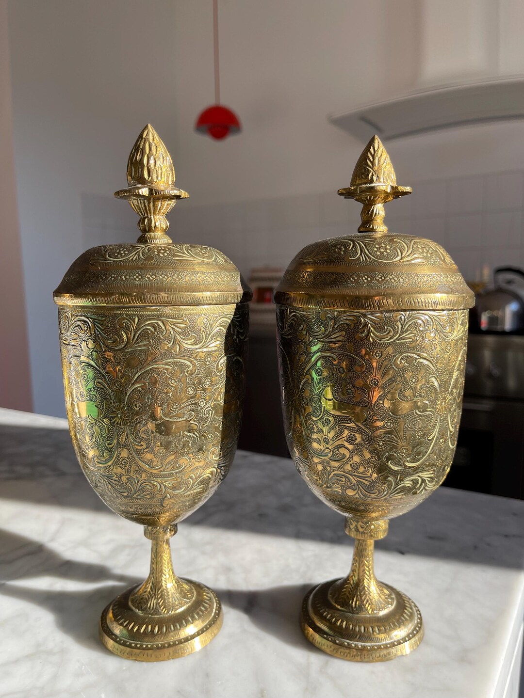 Antique Etched Engraved Indian Brass Urn or Chalice With Lidded Cup Set ...