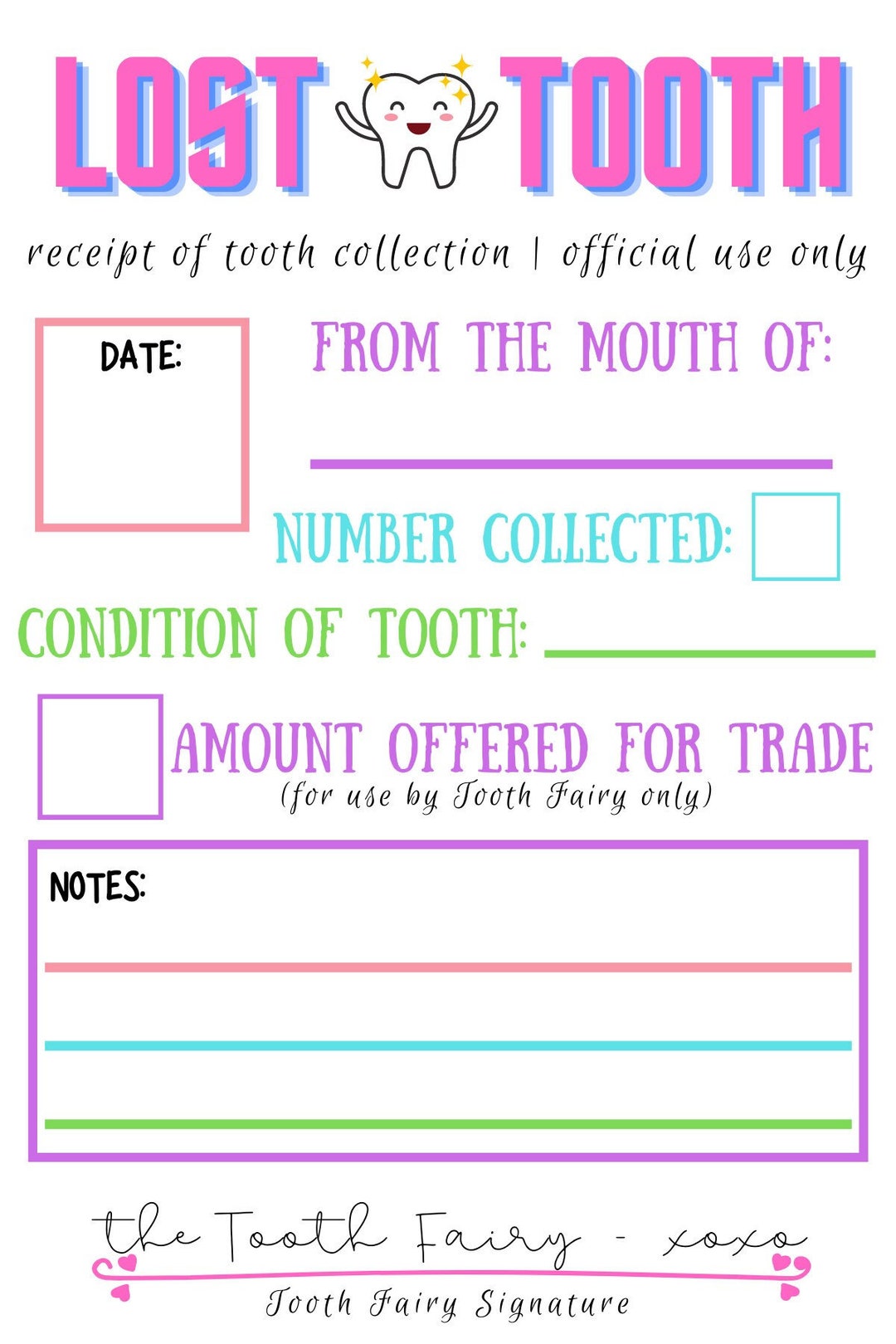 Editable Tooth Fairy Receipt, Printable Certificate Lost Tooth ...
