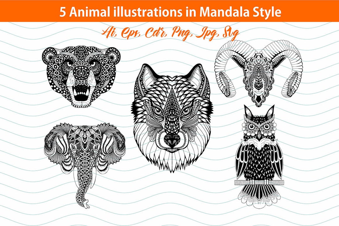 5 Animal Illustrations in Mandala Style, Mandala Bundle, Wild Animals ...