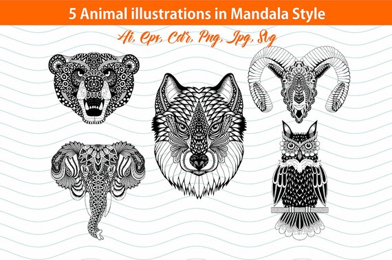 5 Animal Illustrations in Mandala Style Mandala Bundle Wild | Etsy