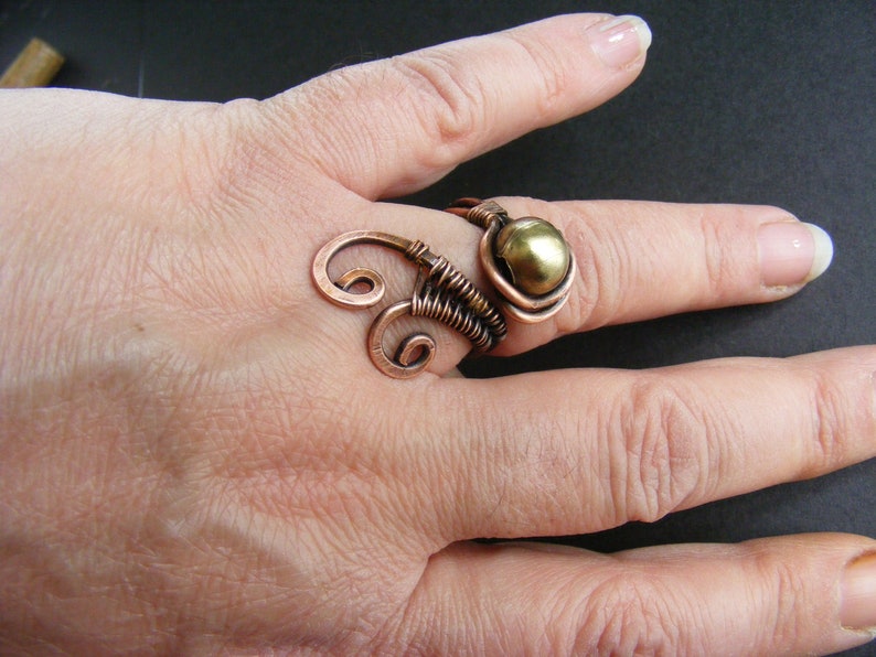 Adjustable Hammered Copper Wire Ring Brass Bead Wire Wrapped | Etsy