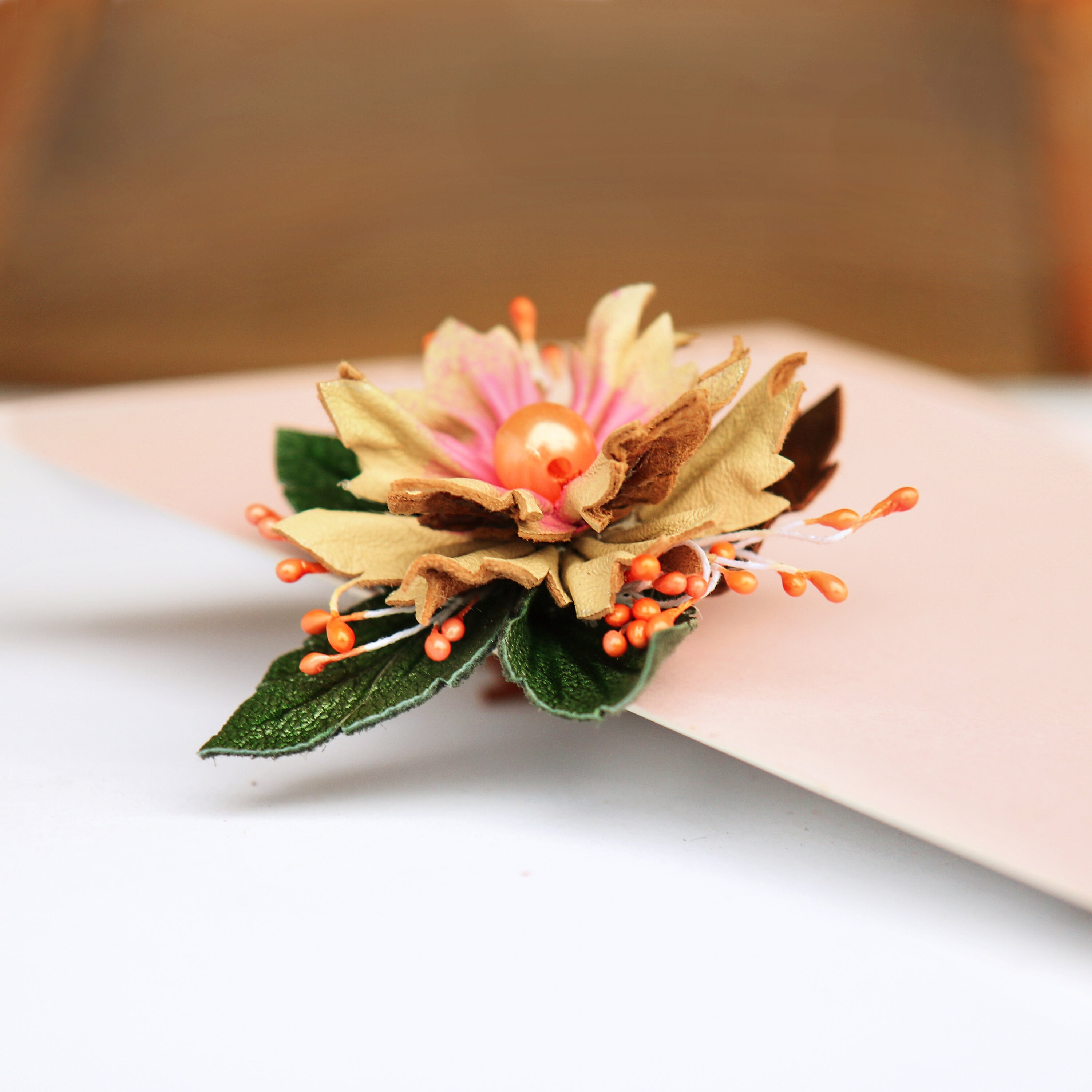 Leather Flower Brooche. Pink and Beige Flower. Cloth Decor. Small Gift ...
