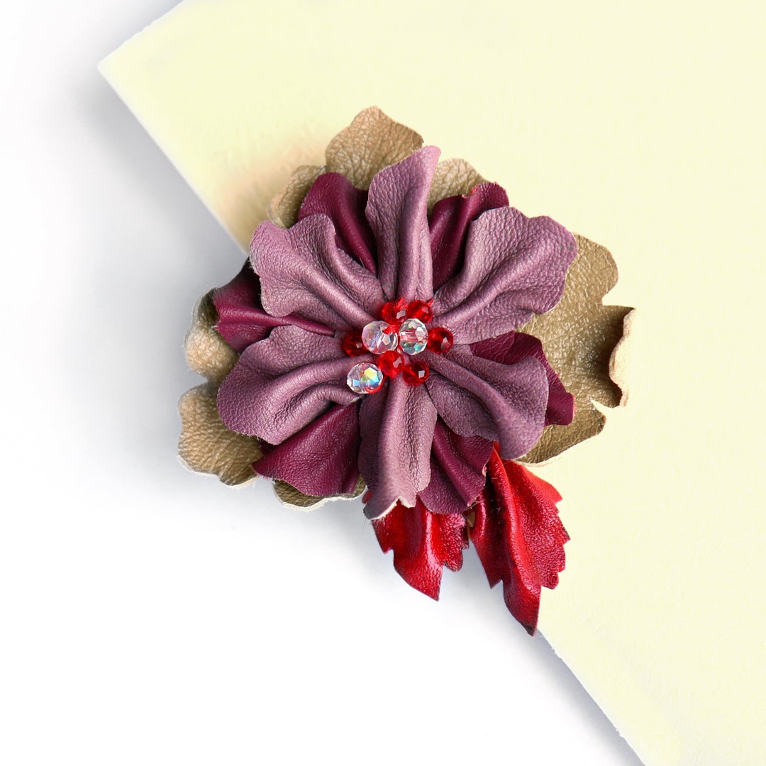 Leather Flower Brooch, Purple Flower Accessory, Handcraft Made by ...