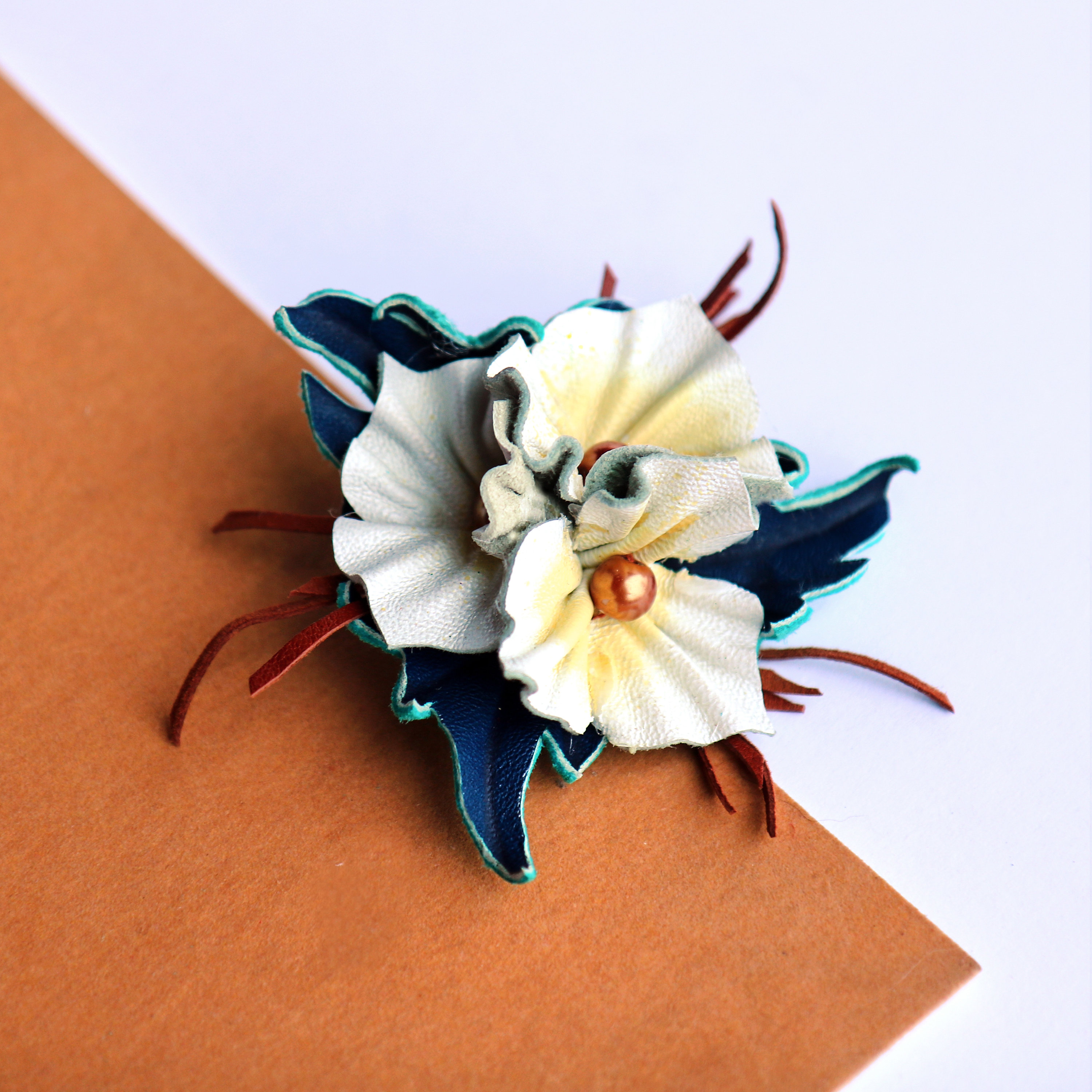 White Flowers Brooche Made of Leather, Smooth Leather Flowers Made by ...