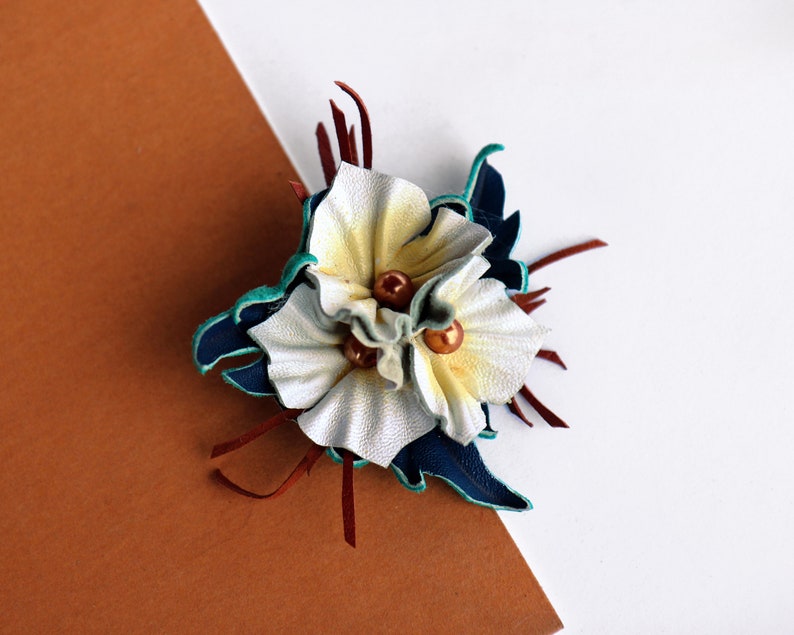White Flowers Brooche Made of Leather, Smooth Leather Flowers Made by ...