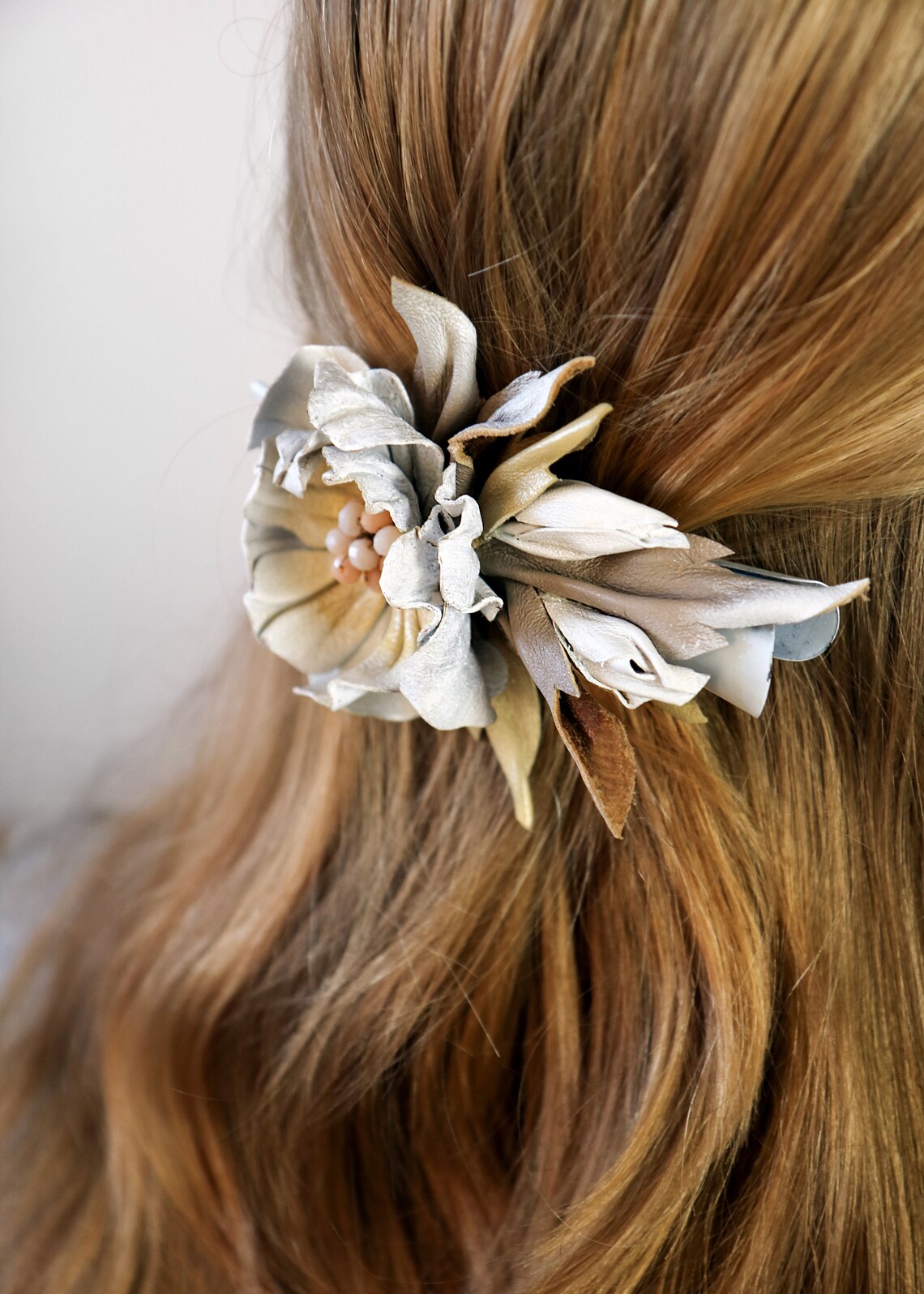 White Flower Barrette, Leather Flower Hairclip, Wedding Hair Accessory ...
