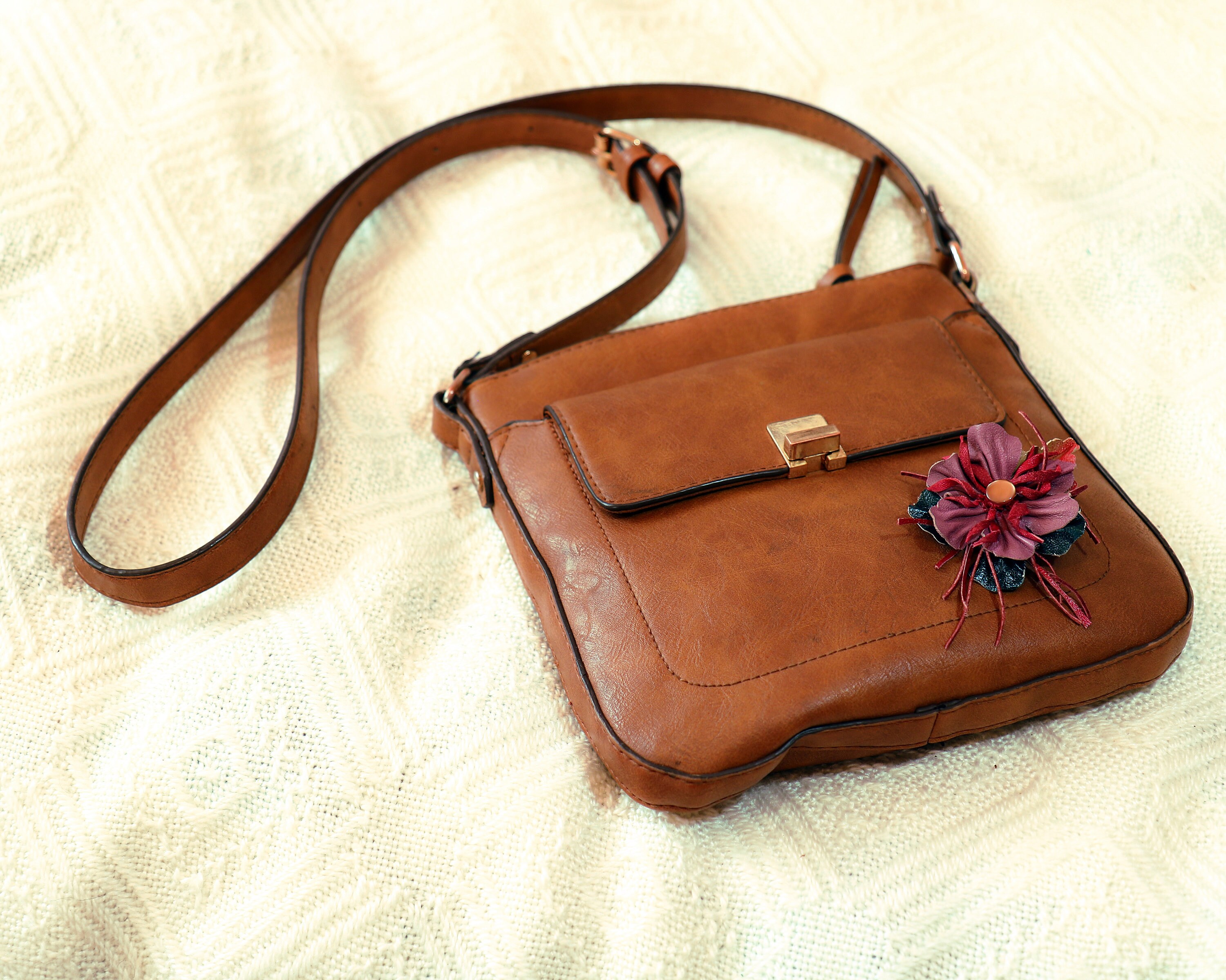 Leather Flower Brooch, Purple Flower Accessory, Small Goft Made by ...