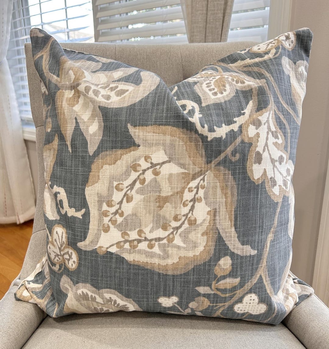 Jacobean Floral Pillow Cover Neutral Slate Washed Blue-gray Taupe ...