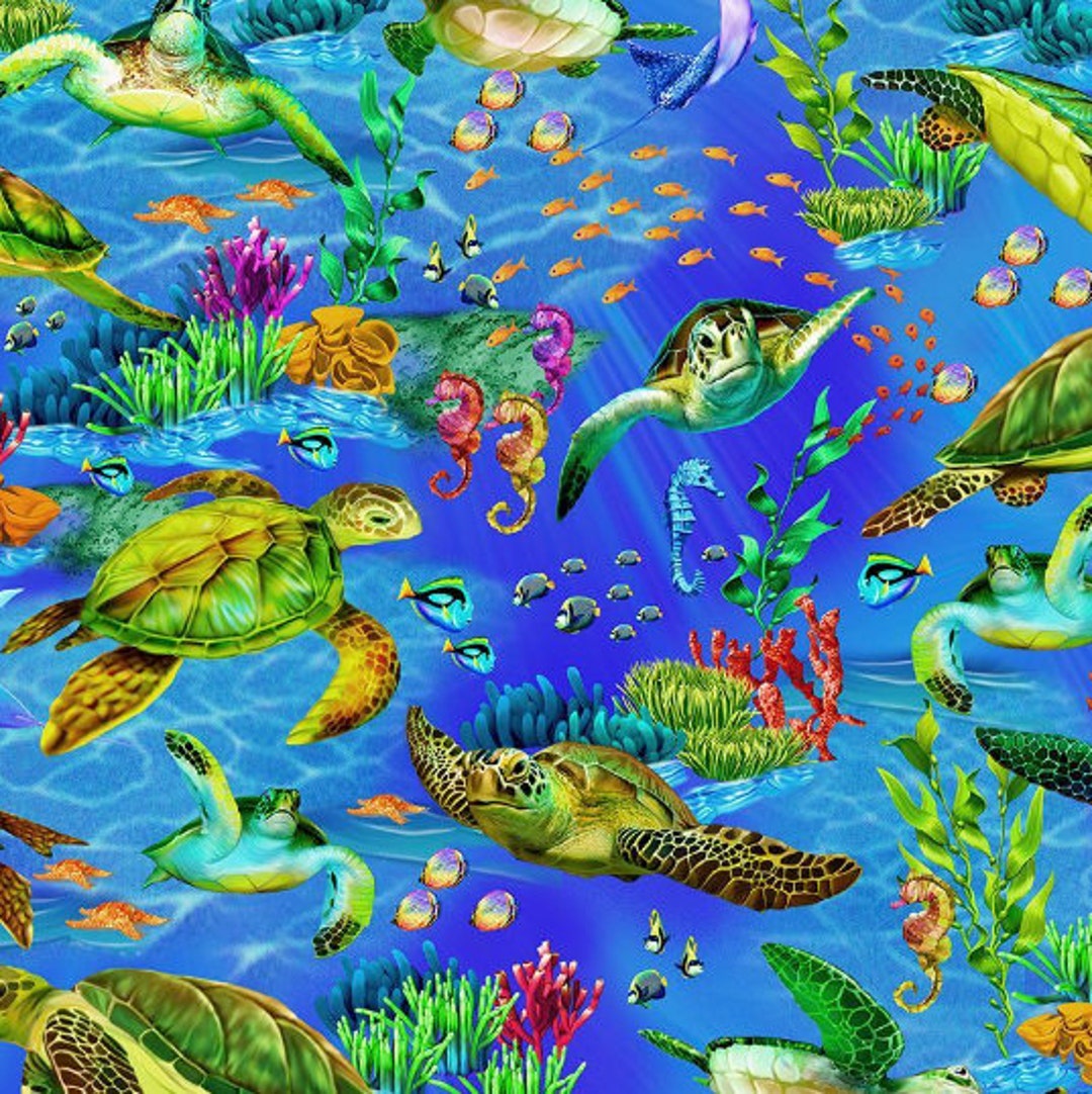 Timeless Treasures Deep Blue Sea Sea Turtles Fabric by Michael Searle ...
