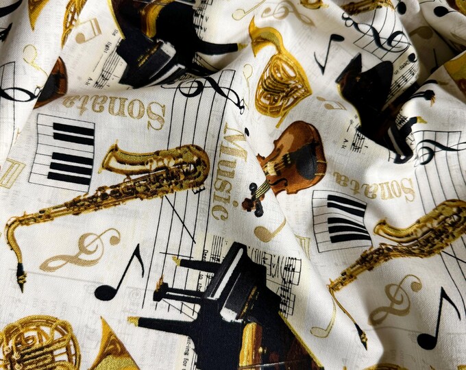 Instruments on Sheet Music - Metallic - Cotton Fabric - Etsy