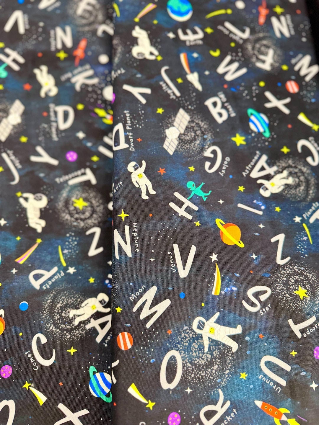 Blast Off! ABC Letters in Space Fabric - Digital Print - Cotton Fabric ...