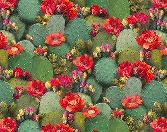 Cactus Flower Fabric Texas Catcus 2 by Mag-o Teal and Red Prickly Pear ...
