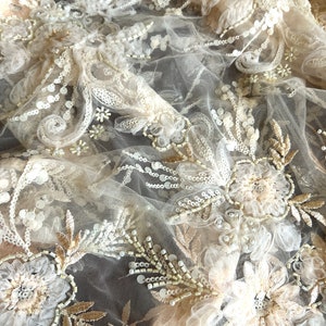 Peach Embroidered Net Fabric Embellished With Beads and Sequins - 50 ...