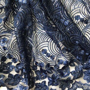 Dark Blue Embroidered Net Fabric Embellished With Sequins - Etsy