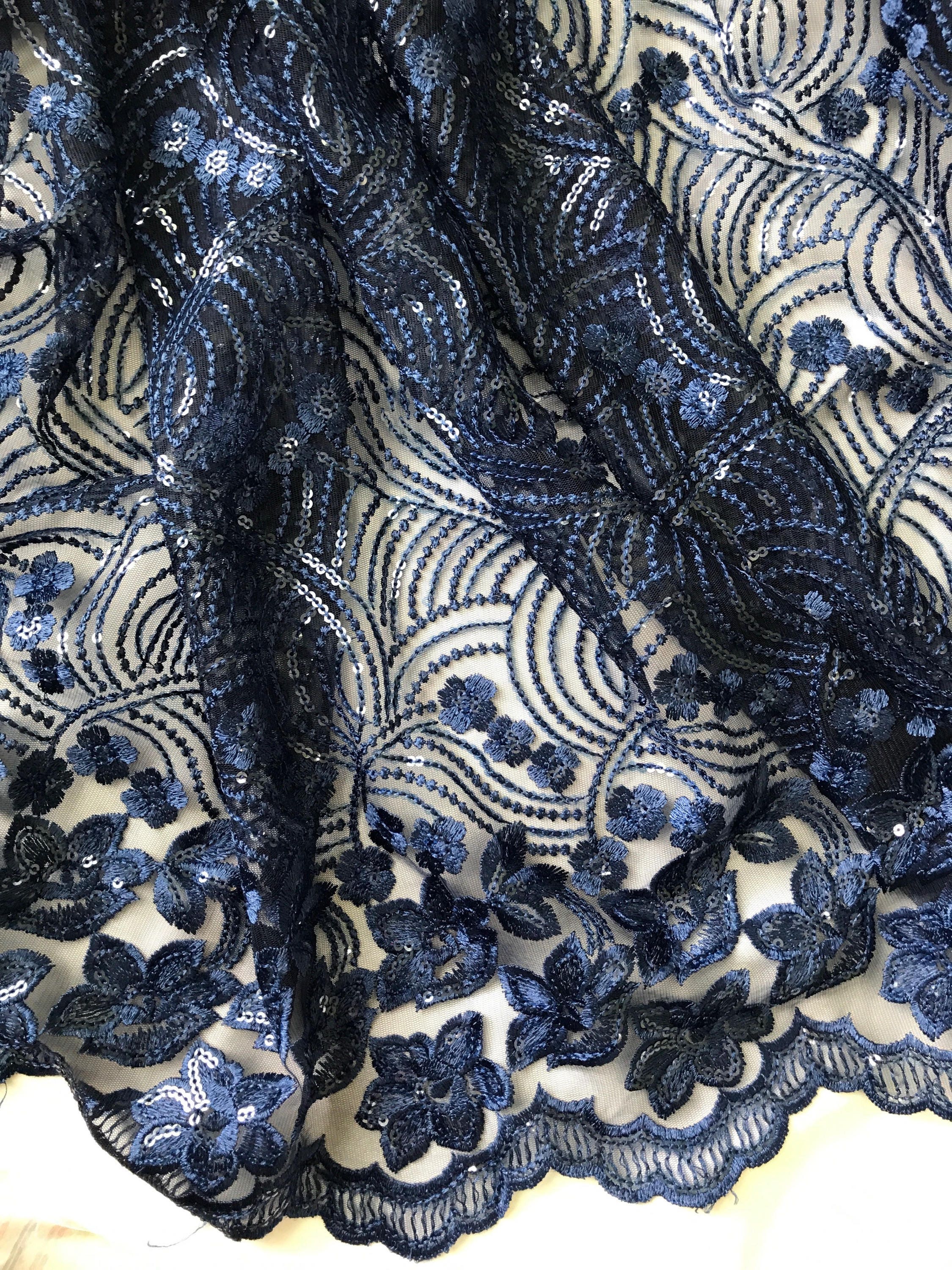 Dark Blue Embroidered Net Fabric Embellished With Sequins - Etsy