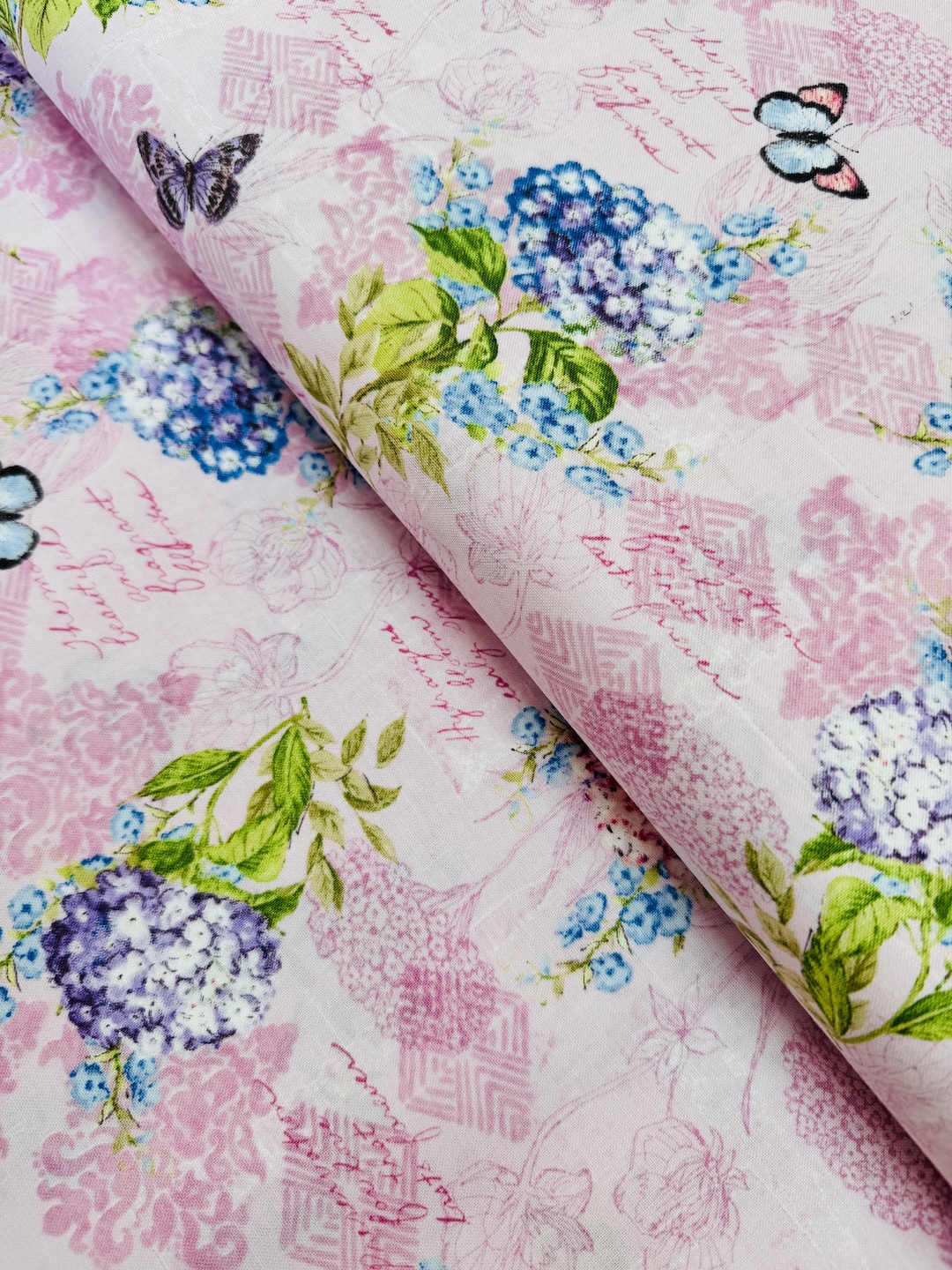 Hydrangea Mist - Monograph Pink Fabric by Susan Winget - Cotton Fabric ...